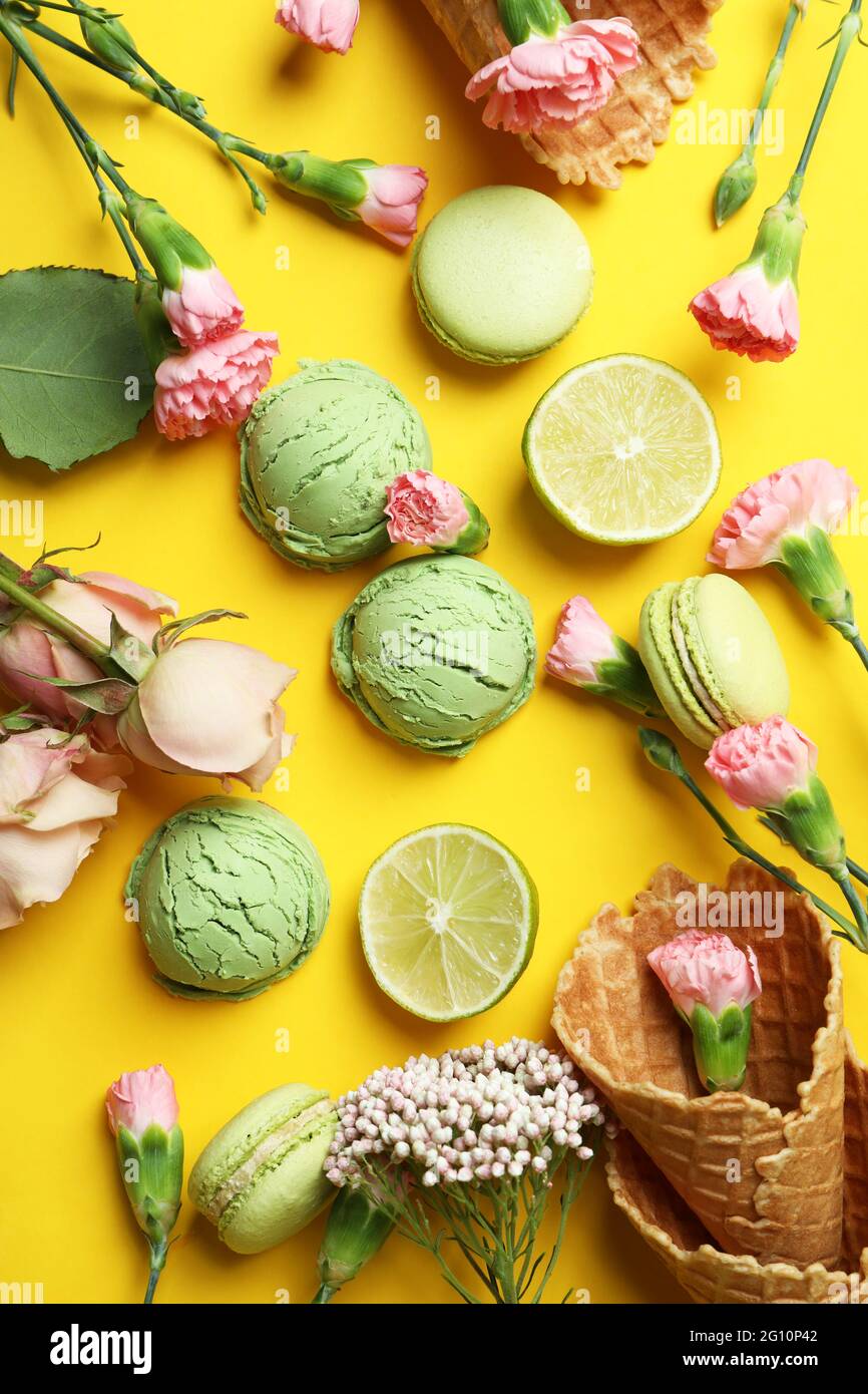 Concept of delicious food on yellow background Stock Photo - Alamy