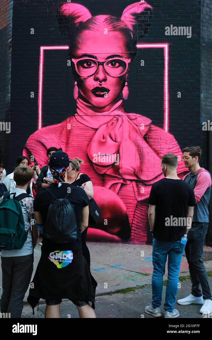 London, UK. 30 May 2021. Street Art London in Shoreditch. Neon style ...