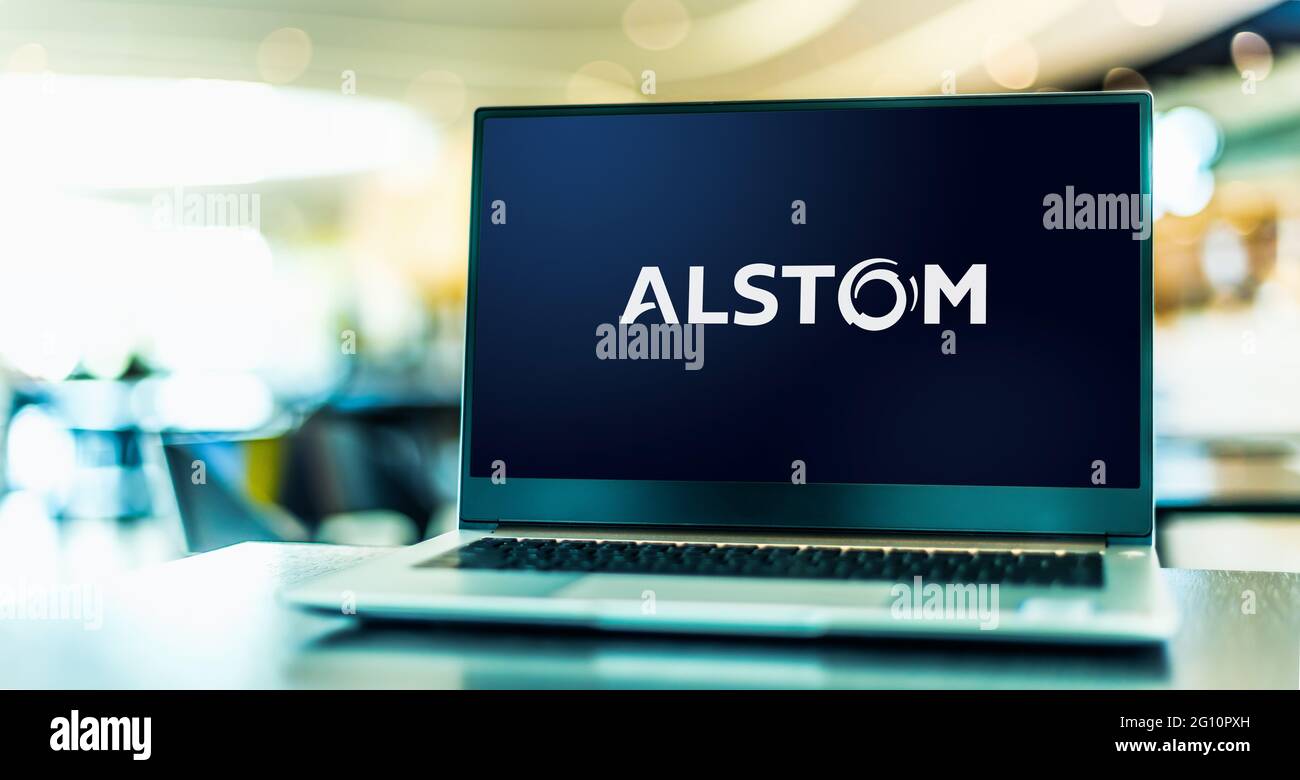 POZNAN, POL - MAY 1, 2021: Laptop computer displaying logo of Alstom, a ...