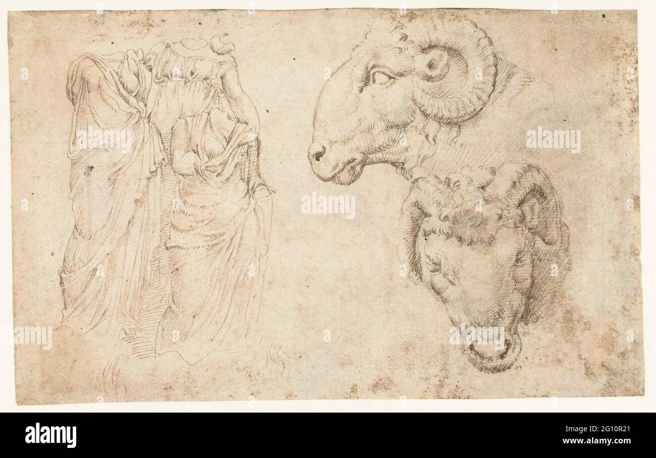 Three statues and two studies of a ram head on a candlestick. Three ...