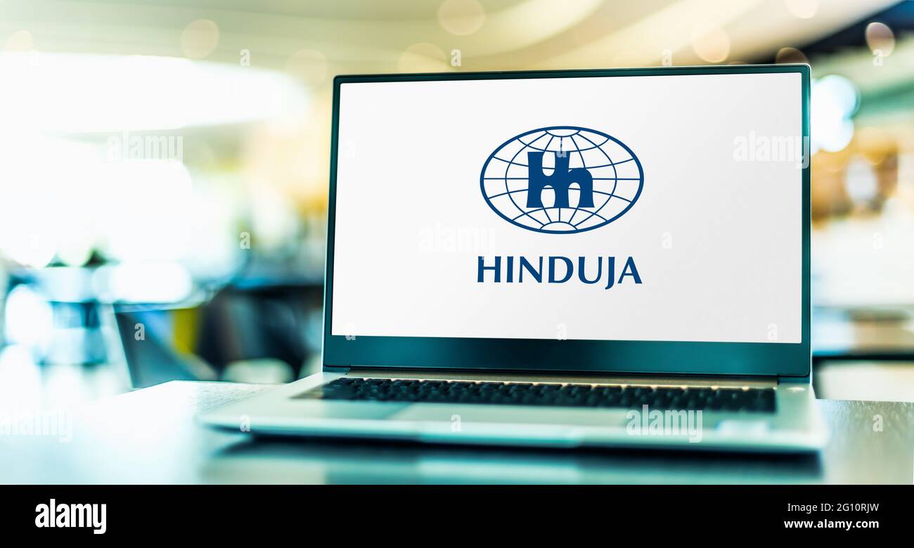 POZNAN, POL - MAY 1, 2021: Laptop computer displaying logo of Hinduja ...
