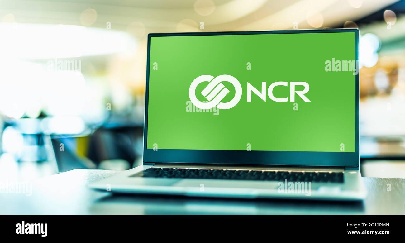 POZNAN, POL - MAY 1, 2021: Laptop computer displaying logo of NCR ...