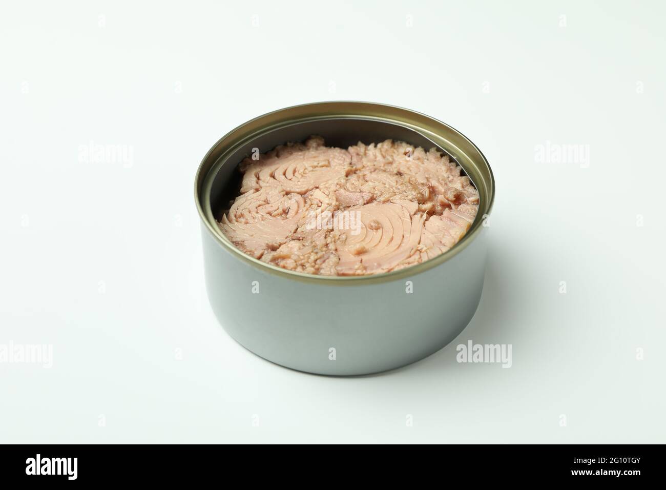 Tin with canned tuna on white background Stock Photo - Alamy