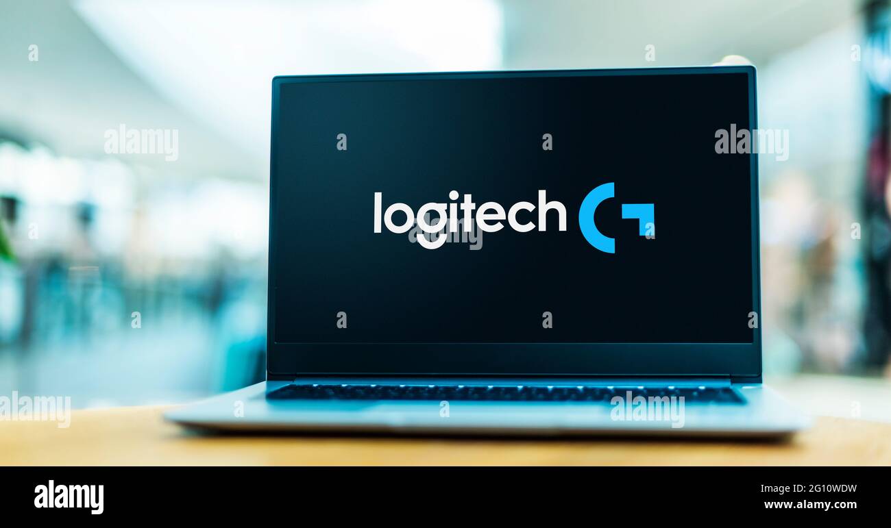 POZNAN, POL - MAY 1, 2021: Laptop computer displaying logo of Logitech ...