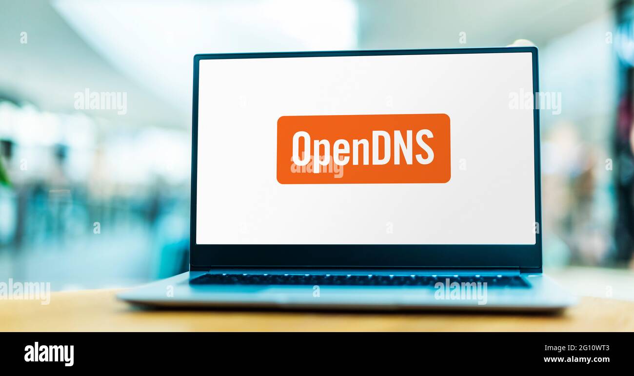 POZNAN, POL - MAY 1, 2021: Laptop computer displaying logo of OpenDNS ...