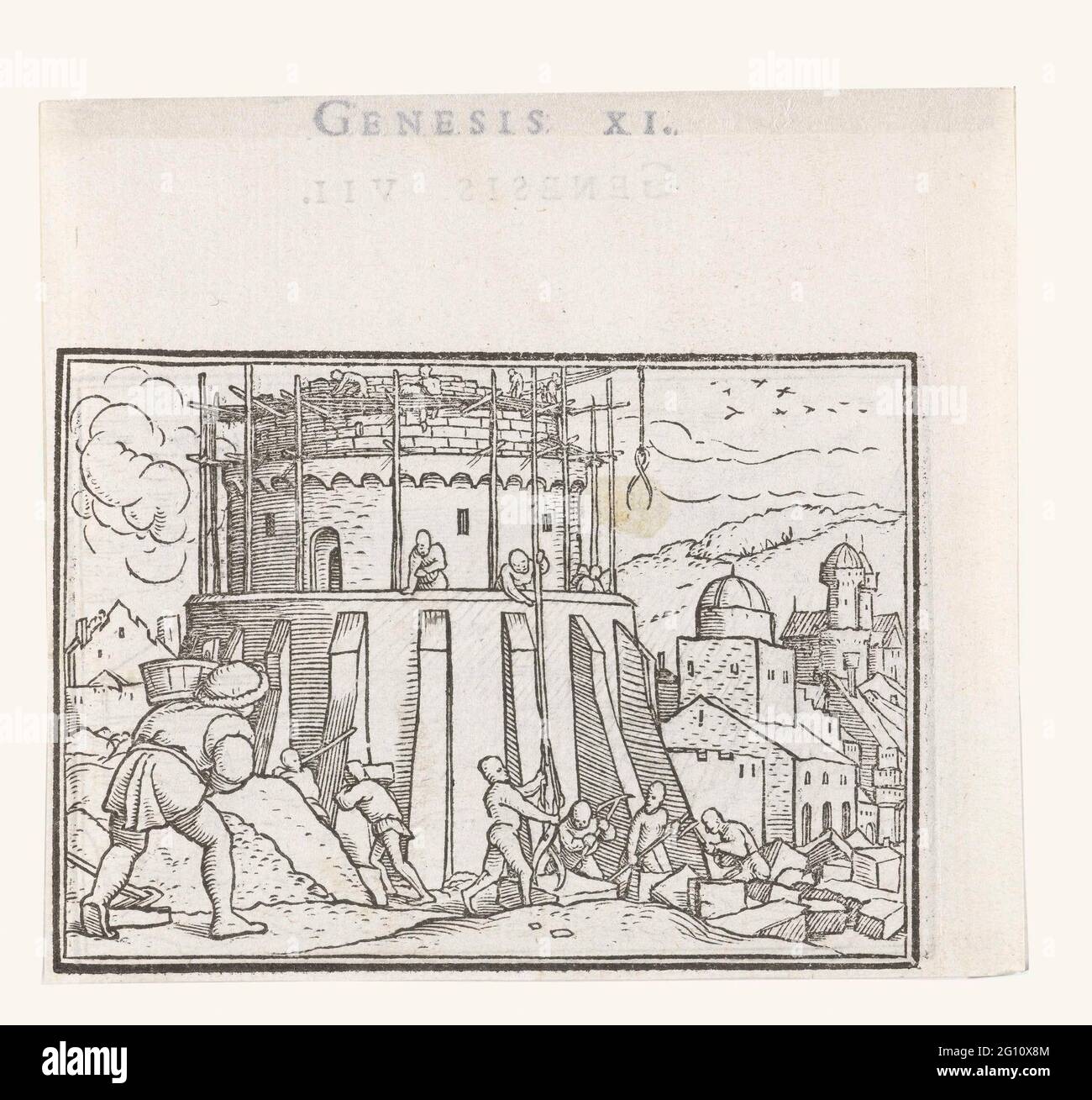 Construction of the tower of Babel. Men hoisting blocks stone via ...