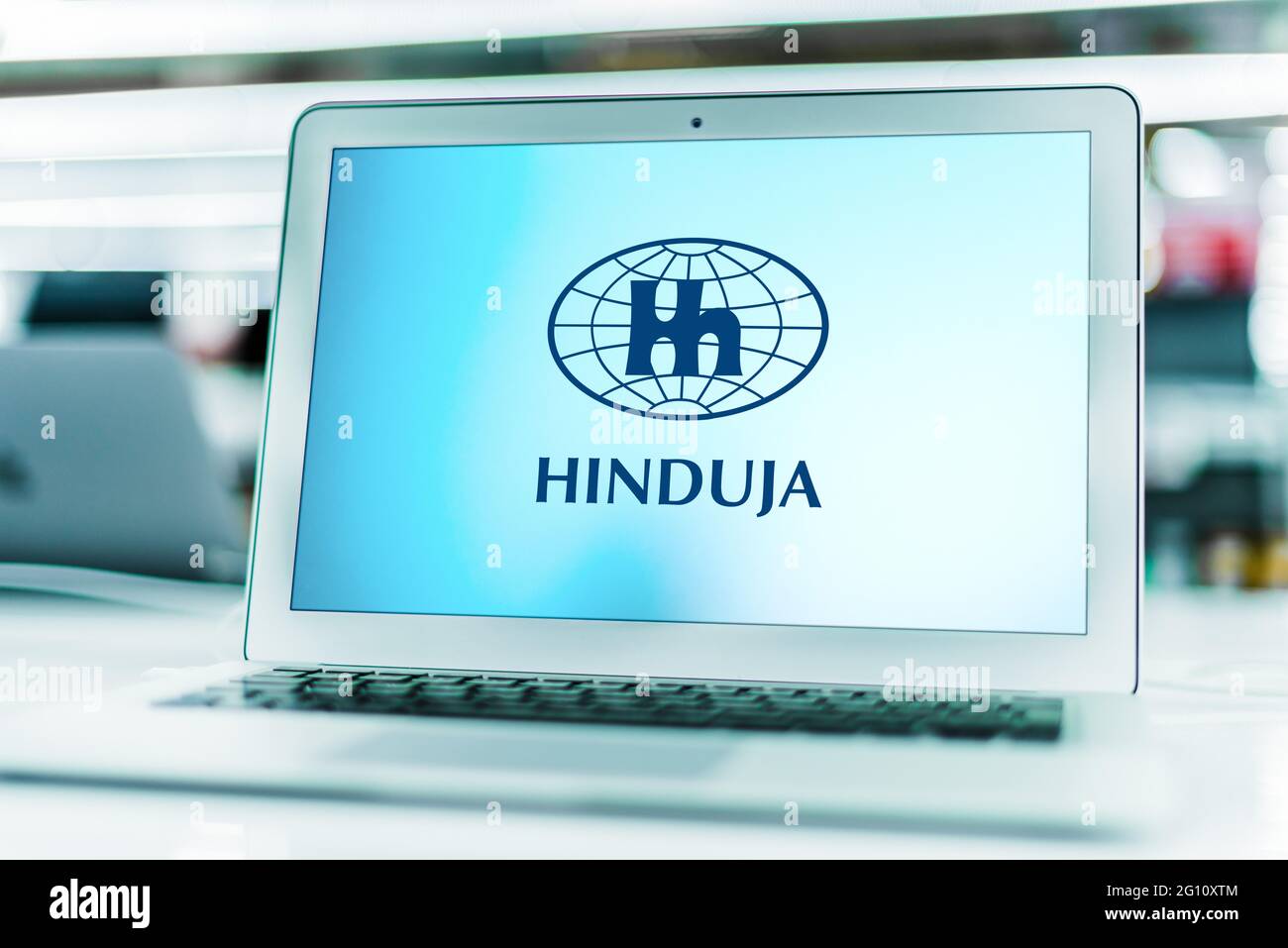 POZNAN, POL - MAY 1, 2021: Laptop computer displaying logo of Hinduja ...