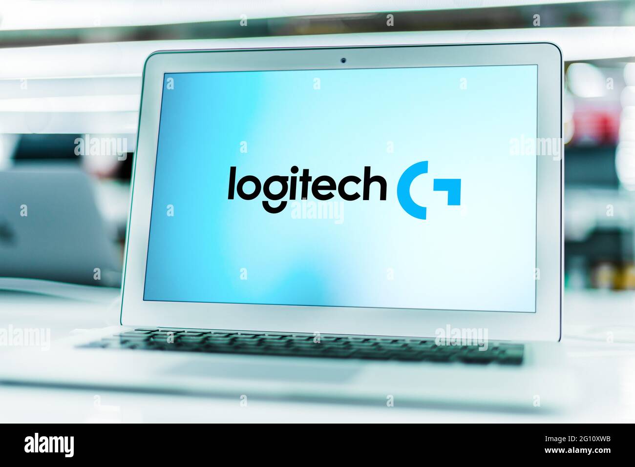 POZNAN, POL - MAY 1, 2021: Laptop computer displaying logo of Logitech ...