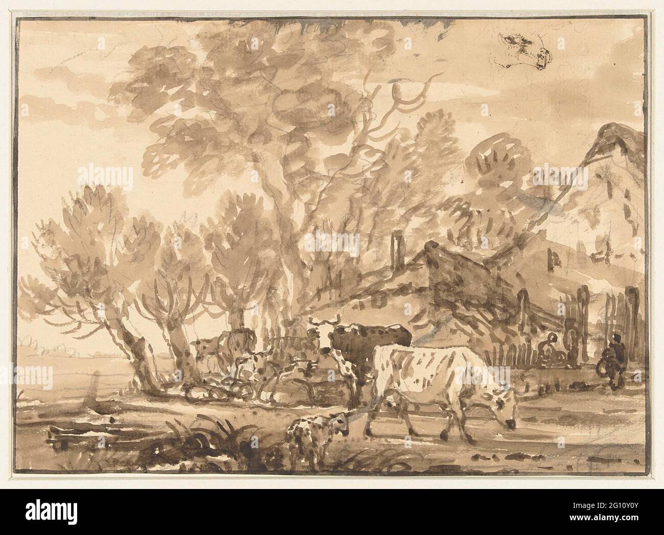Cattle at a farm and sketch of a cow cup Stock Photo - Alamy