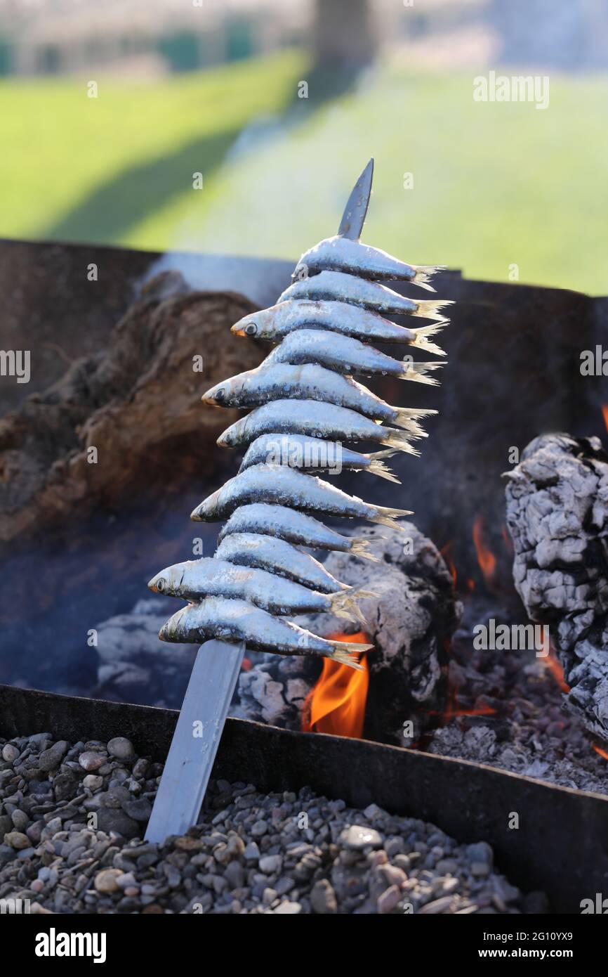 fish spit on fire, beach background Stock Photo - Alamy