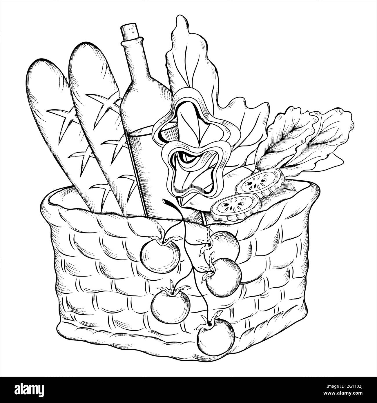 Picnic basket with wine and vegetables. Picnic food in basket ...