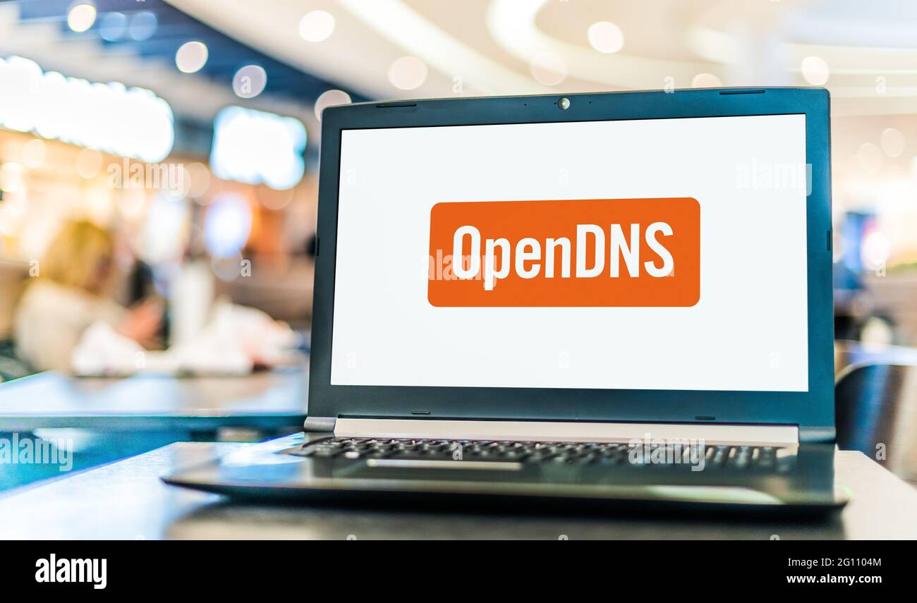 POZNAN, POL - MAY 1, 2021: Laptop computer displaying logo of OpenDNS ...