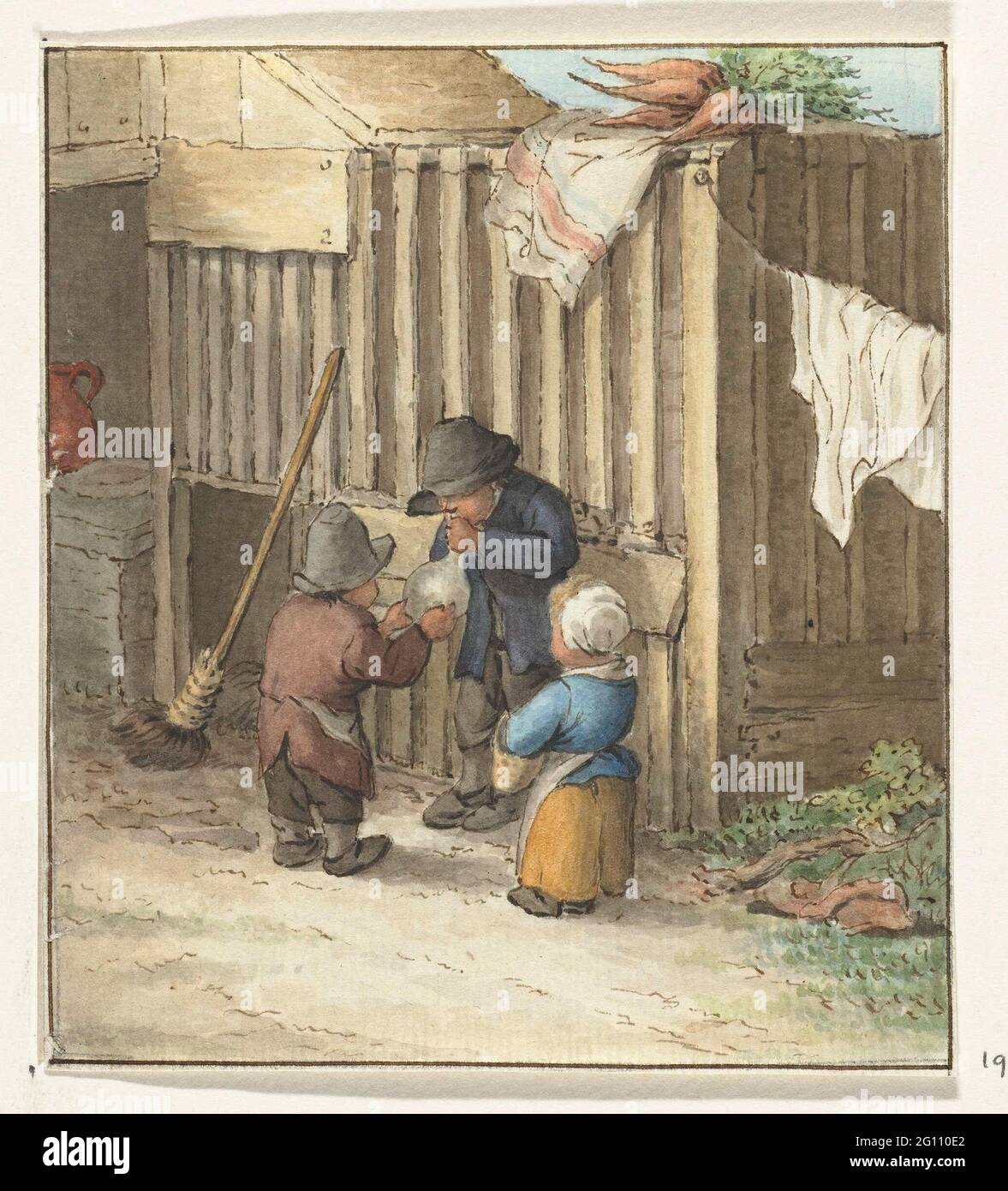 Three children playing with a pig blowing Stock Photo - Alamy