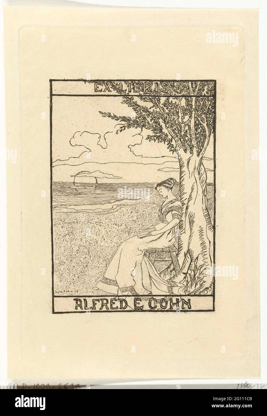 Ex libris of Alfred E. Cohn. A young woman sits reading under a tree ...