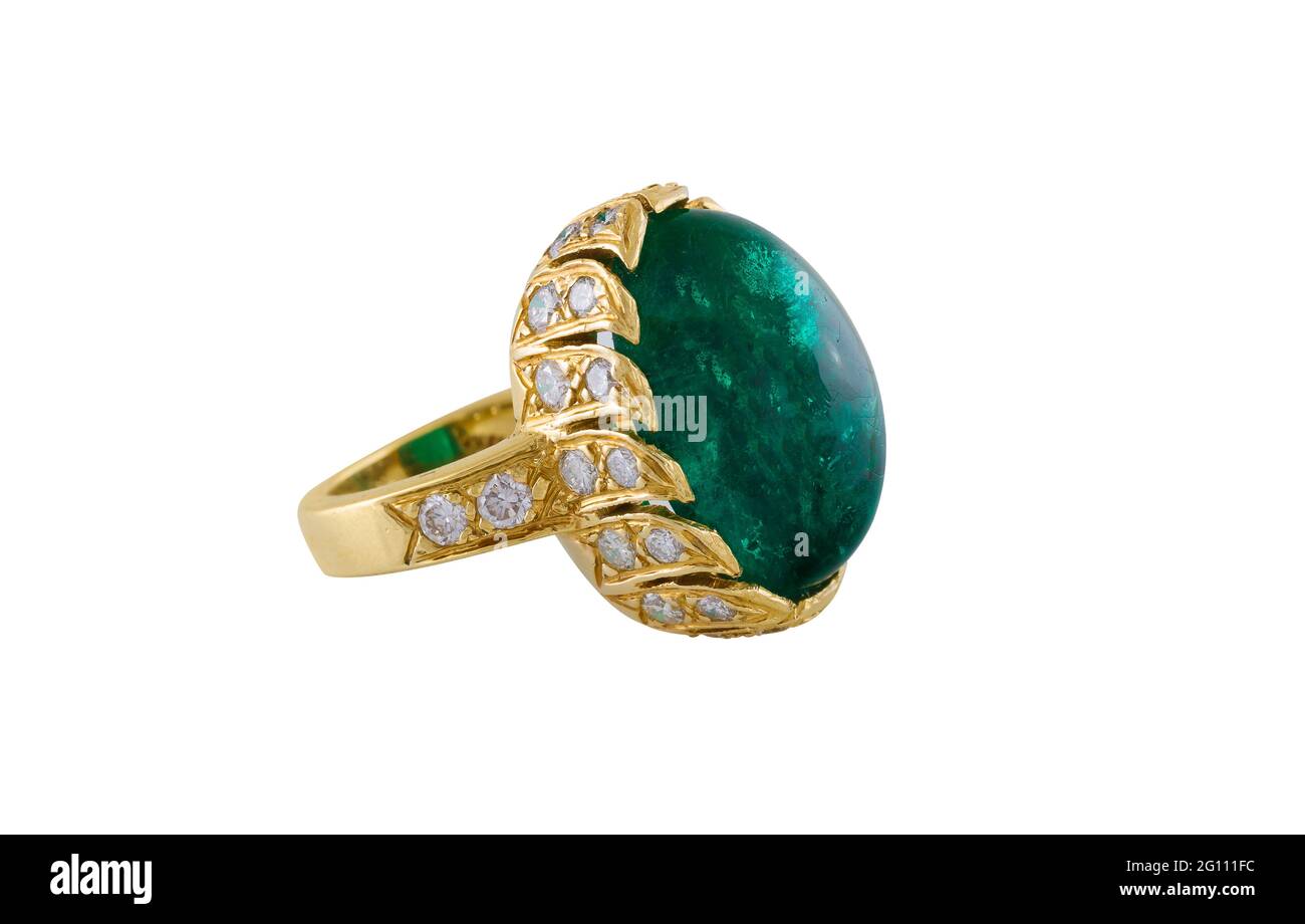 Expensive ring with big emerald and diamonds isolated on a white ...