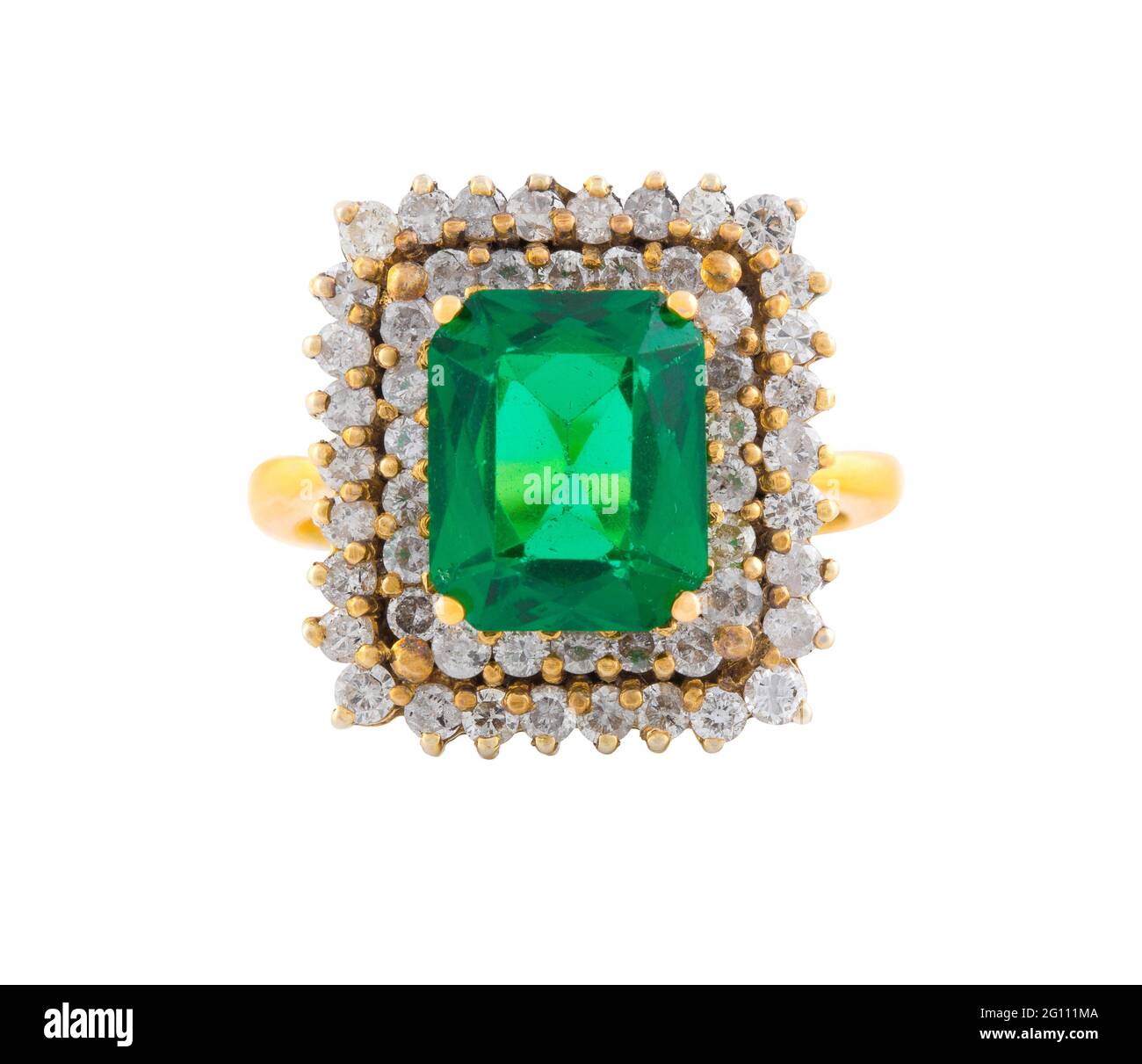 Expensive ring with big emerald and diamonds isolated on a white ...