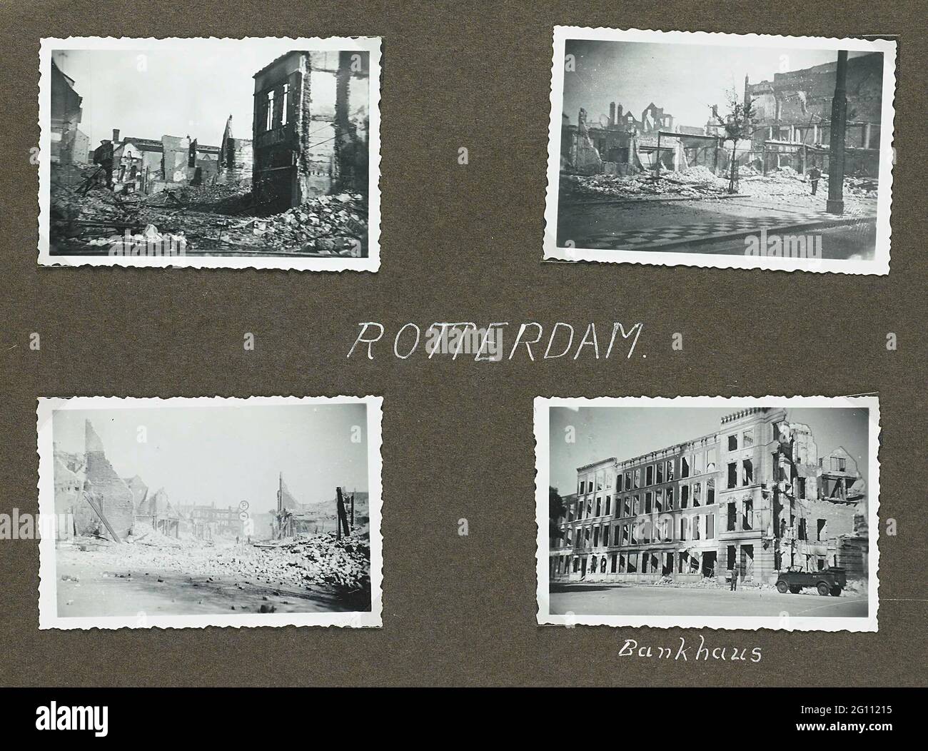 The bombed Rotterdam. Album leaf with four photos of destroyed ...