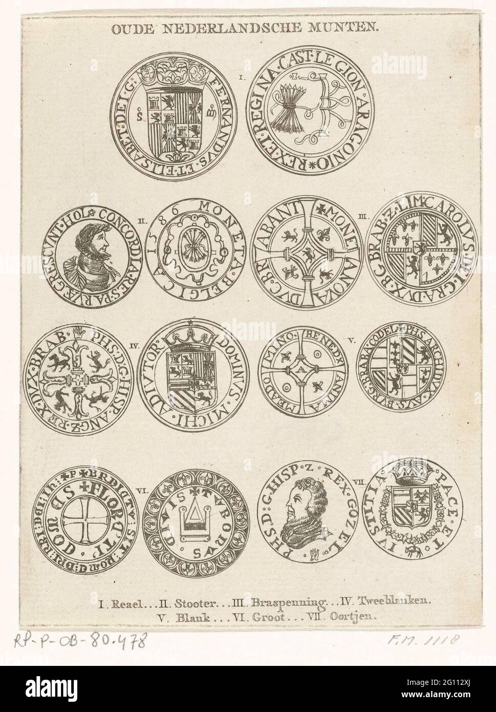 Old Dutch coins, ca. 1600; Old Dutch coins. Sheet with seven different ...