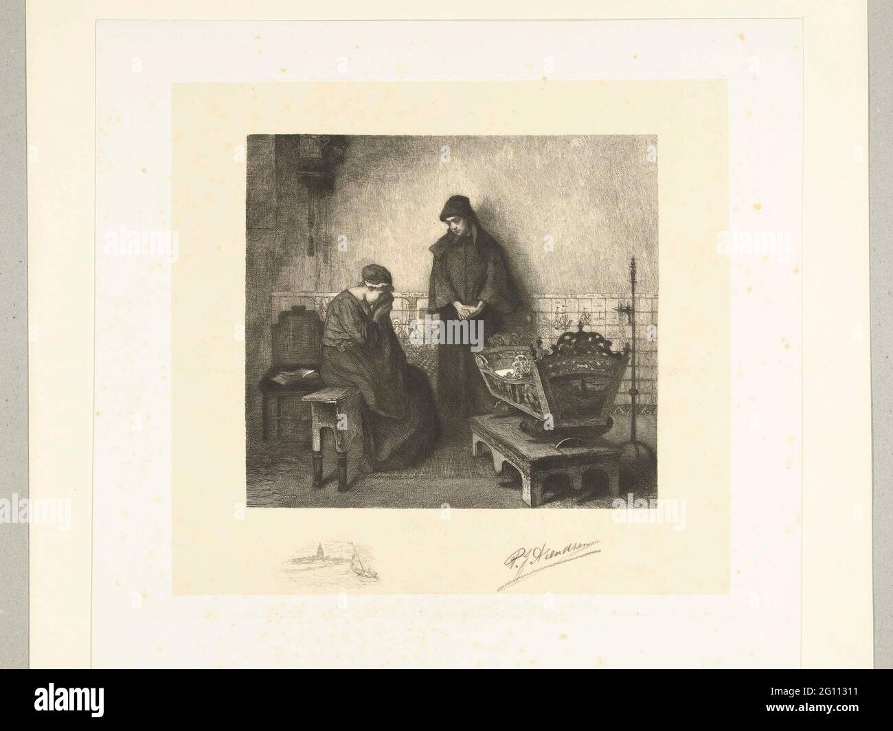 The empty crib. A woman mourns her dead child. Left of her a second ...