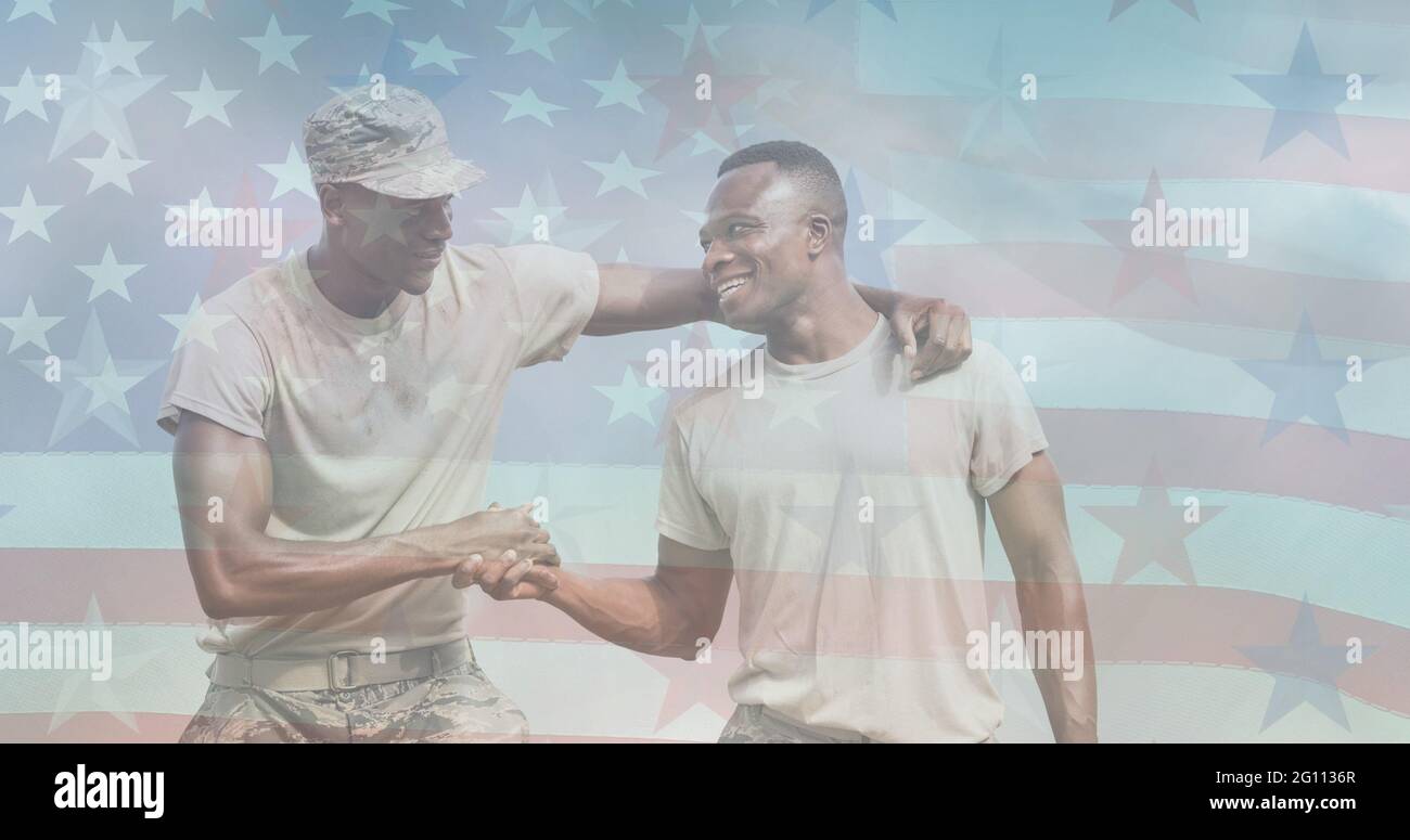 Composition of male soldiers shaking hands over american flag Stock ...