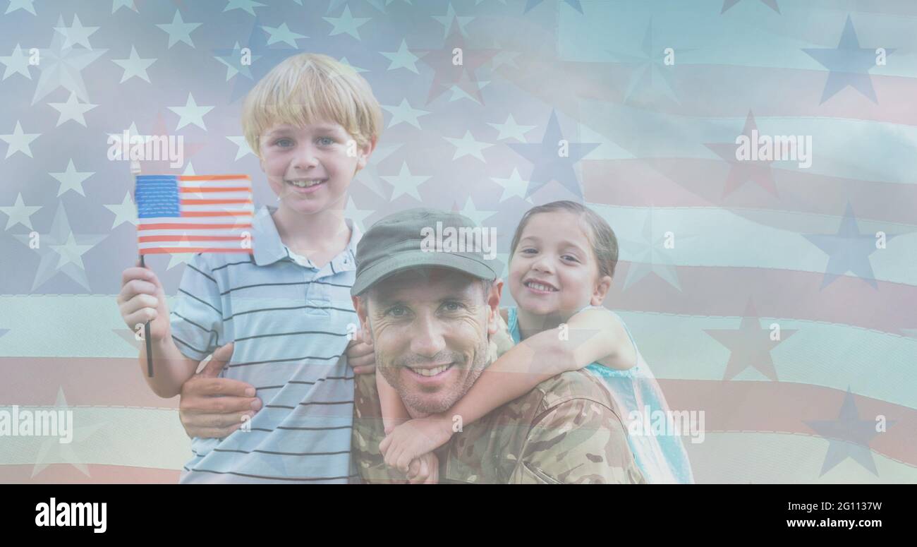 Composition of male soldier embracing smiling children over american ...