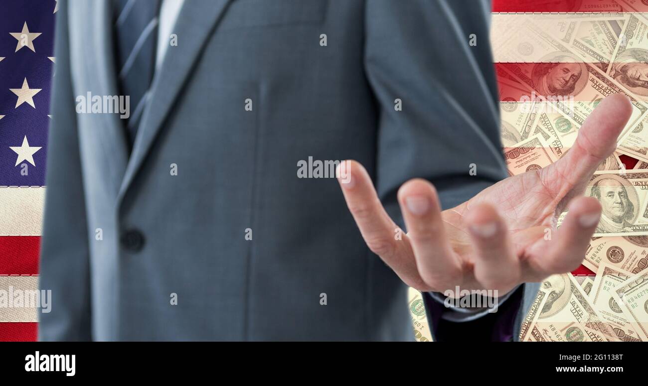 Composition of man reaching his hand over american flag and banknotes ...