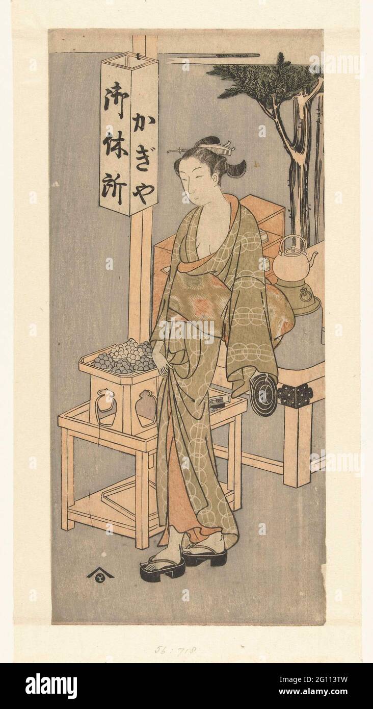 Osen at the Kagiya tea stall. The waitress sailor, standing, with black ...