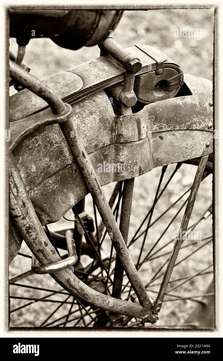 old fashioned vintage motorbike front forks and wheel Stock Photo - Alamy