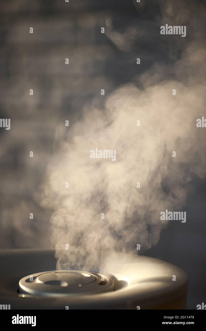 Humidifier spreading steam with white brick background. Loft style ...