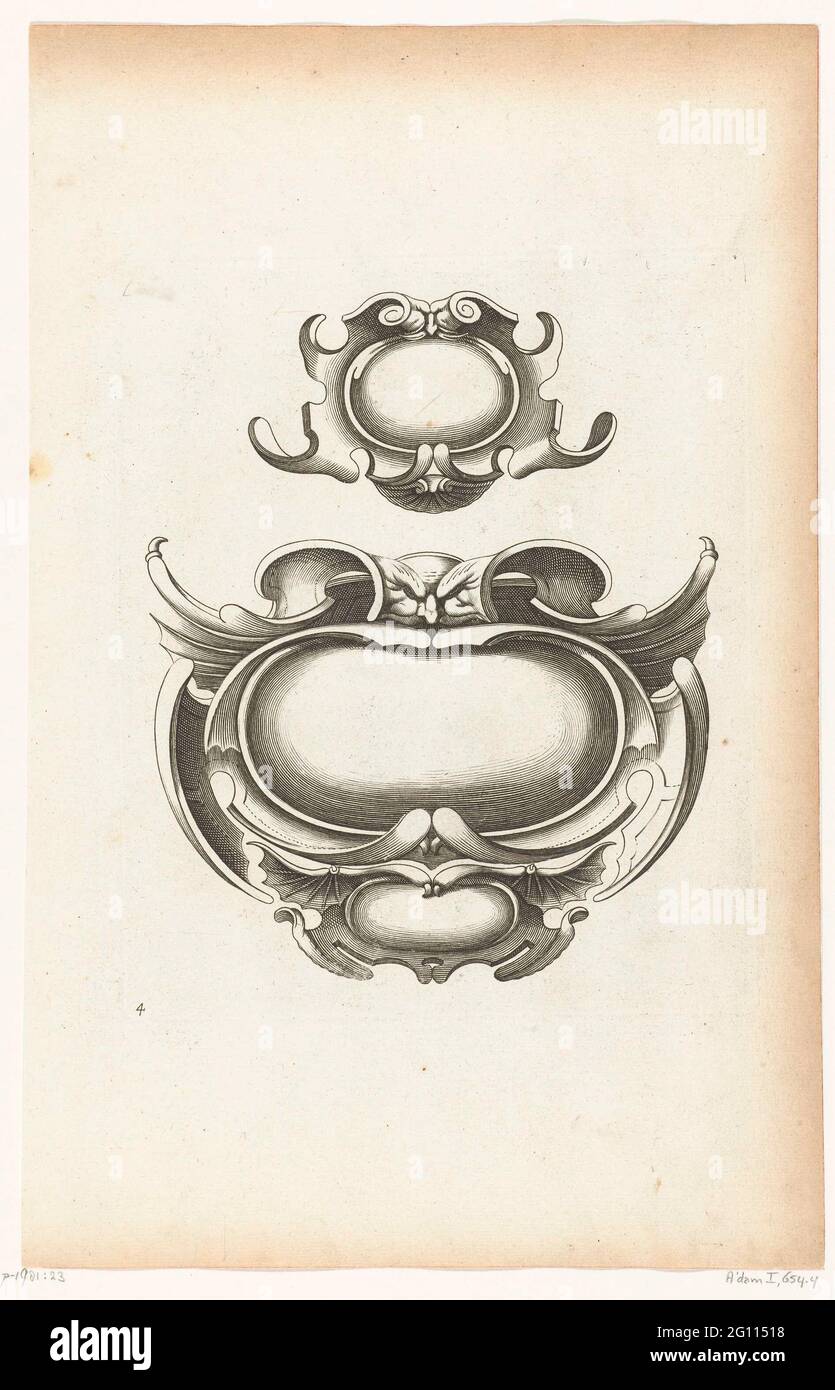 Two cartouches; Cartouches in role frames with grotesken, garlands and ...