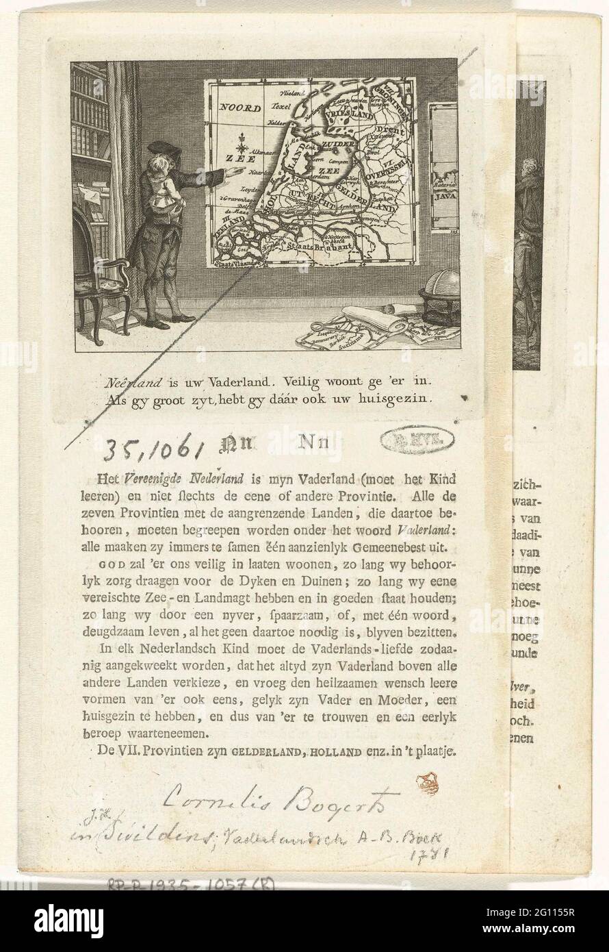 A father shows his child the Netherlands on a map. Letter N from the ...