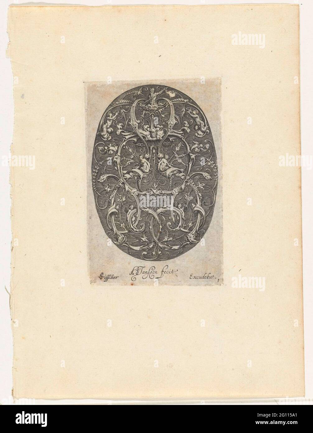 Water; Oval with the four elements. Oval with ornamental towers and ...
