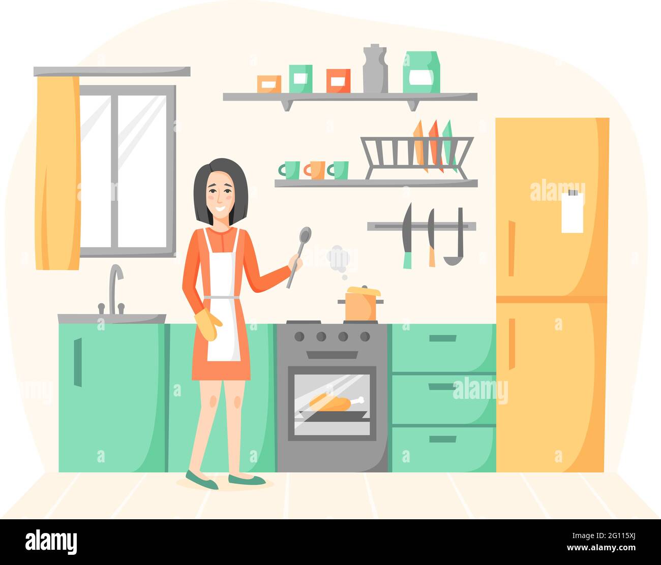 Woman cooking in kitchen. Girl preparing homemade meals, soup and ...