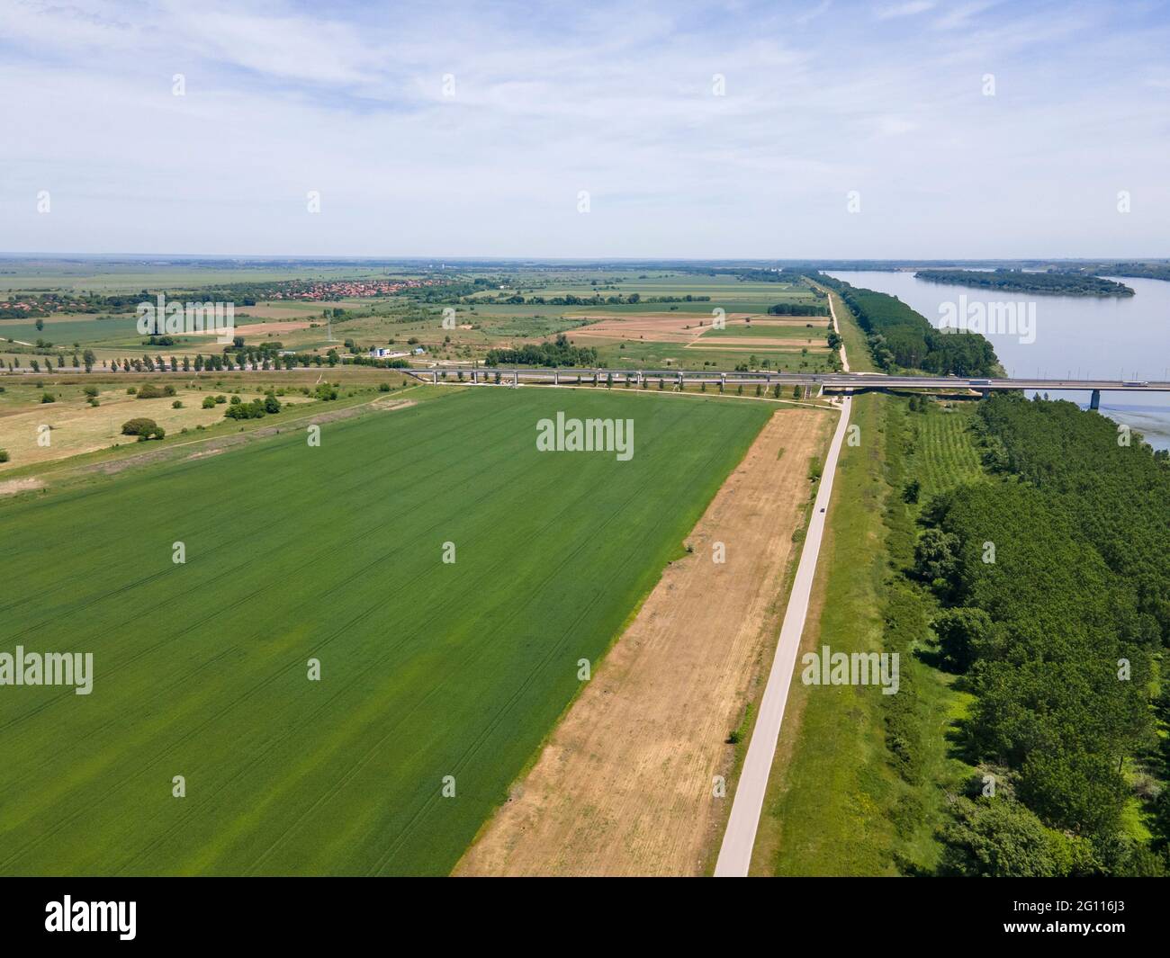 Aerial view of Vidin - Calafat bridge over Danube river between Romania ...