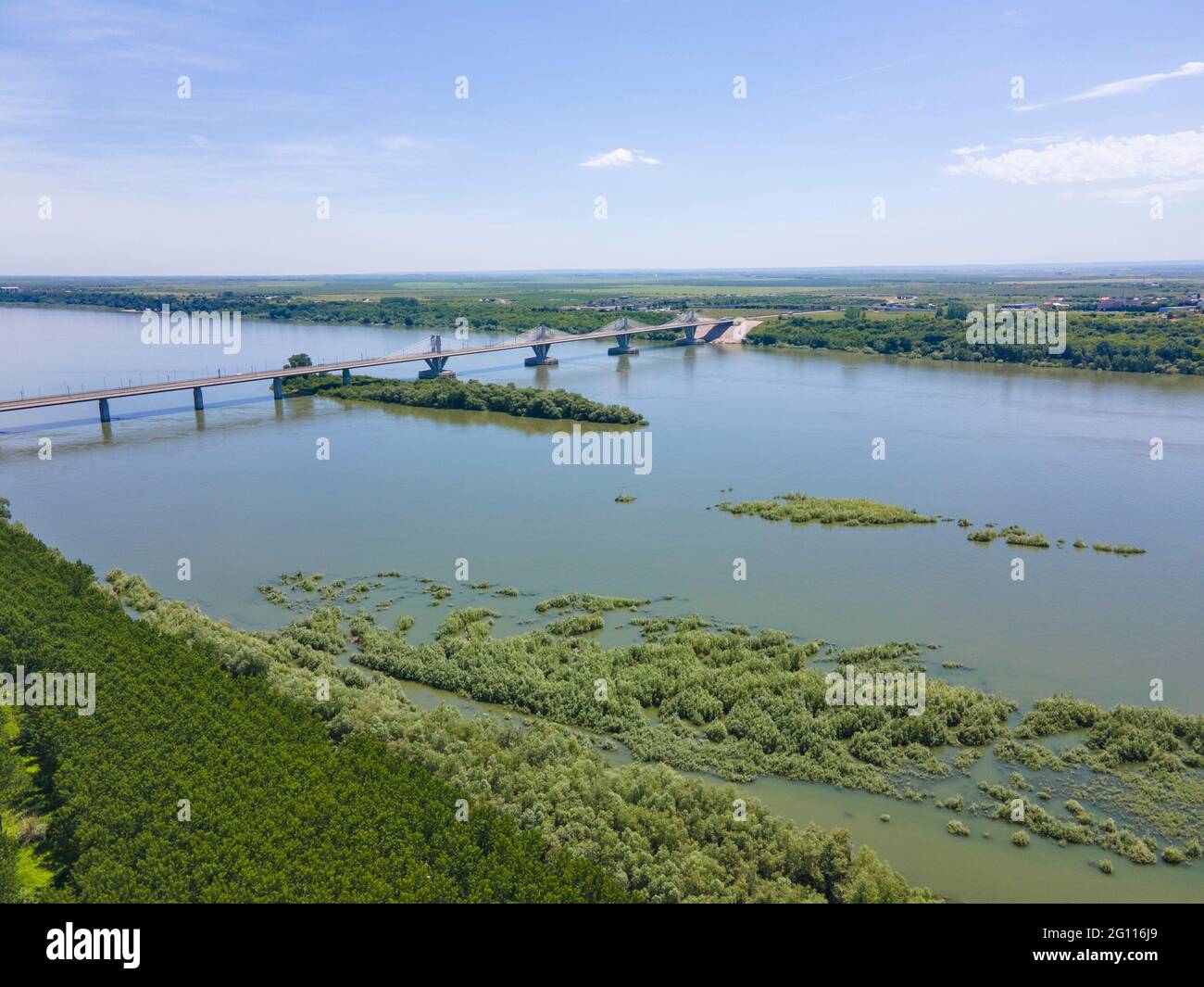 Aerial view of Vidin - Calafat bridge over Danube river between Romania ...