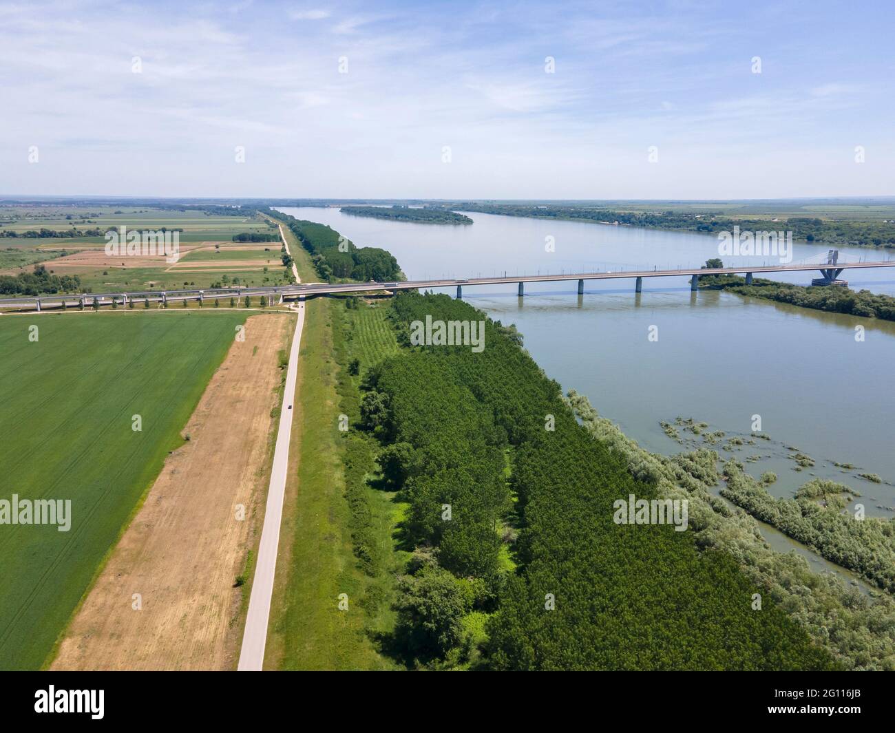 Aerial view of Vidin - Calafat bridge over Danube river between Romania ...