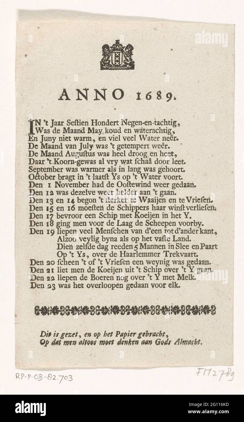 Fresh over the weather of 1689; Anno 1689. Leaf (from an almanac?) With ...