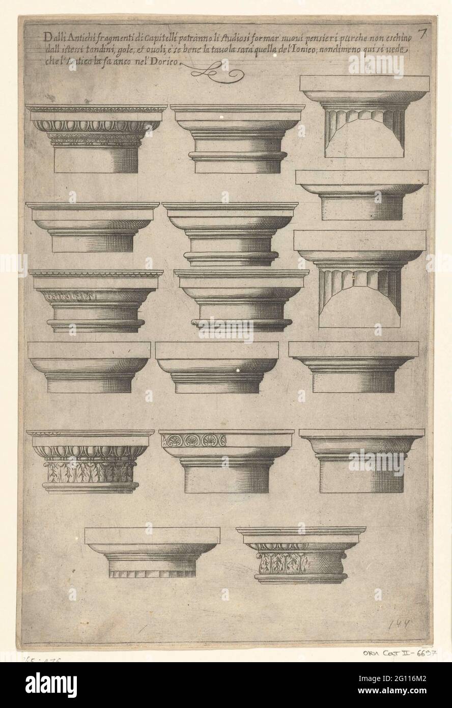 Seventeen Tuscan and doric capitals; Architettura Con Diversi Ornamenti ...