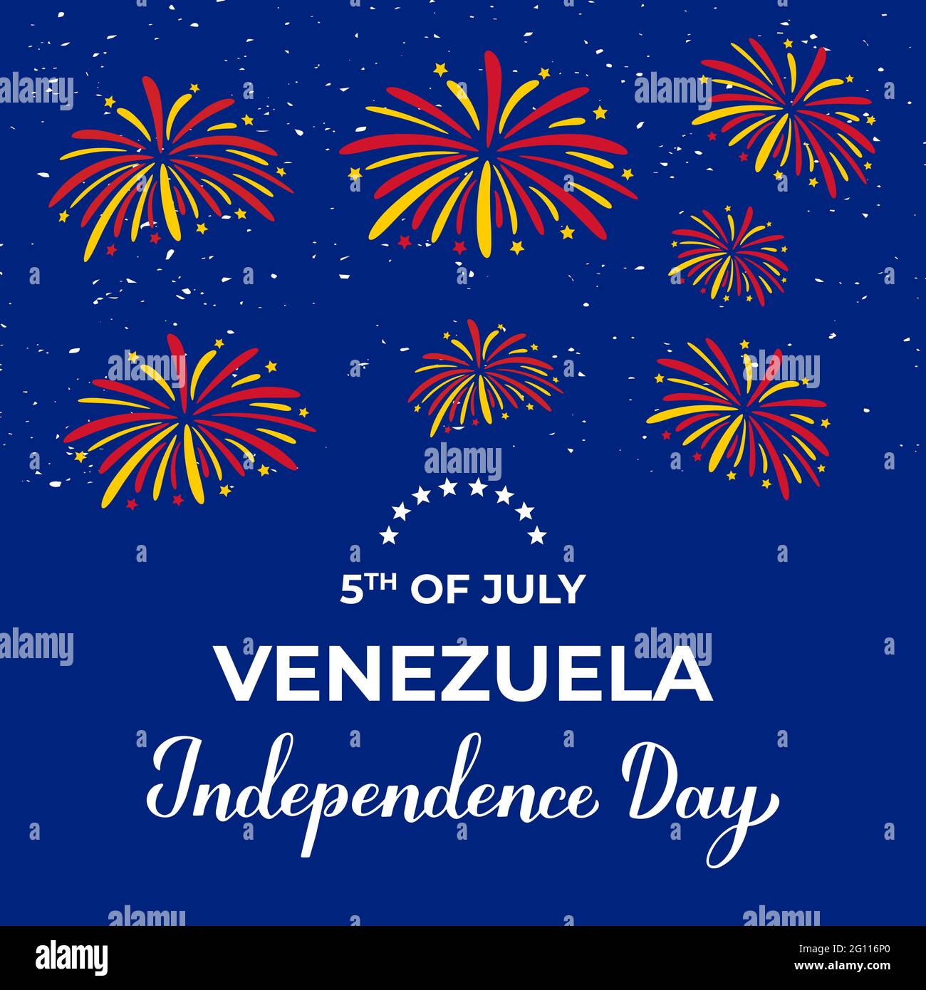 Venezuela Independence Day lettering with fireworks on blue background ...