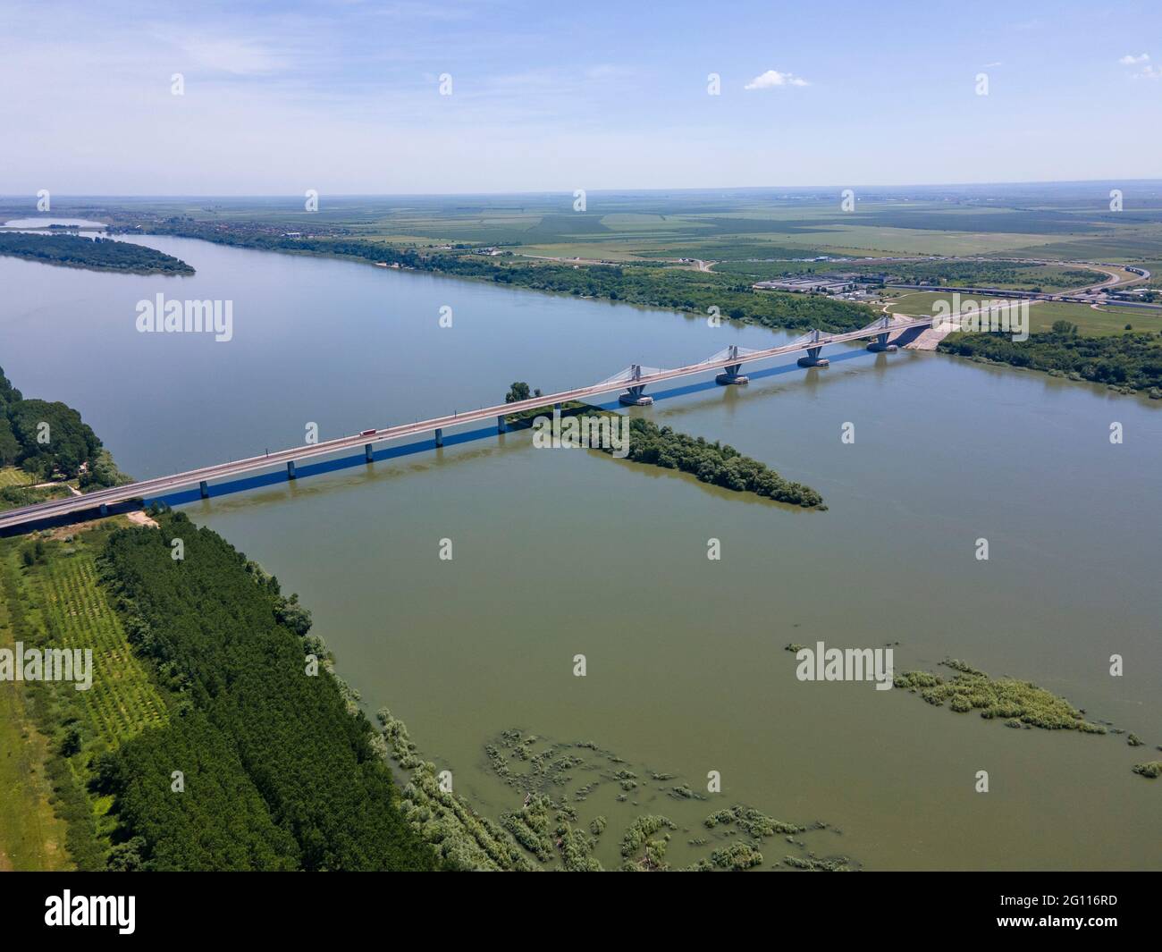 Aerial view of Vidin - Calafat bridge over Danube river between Romania ...