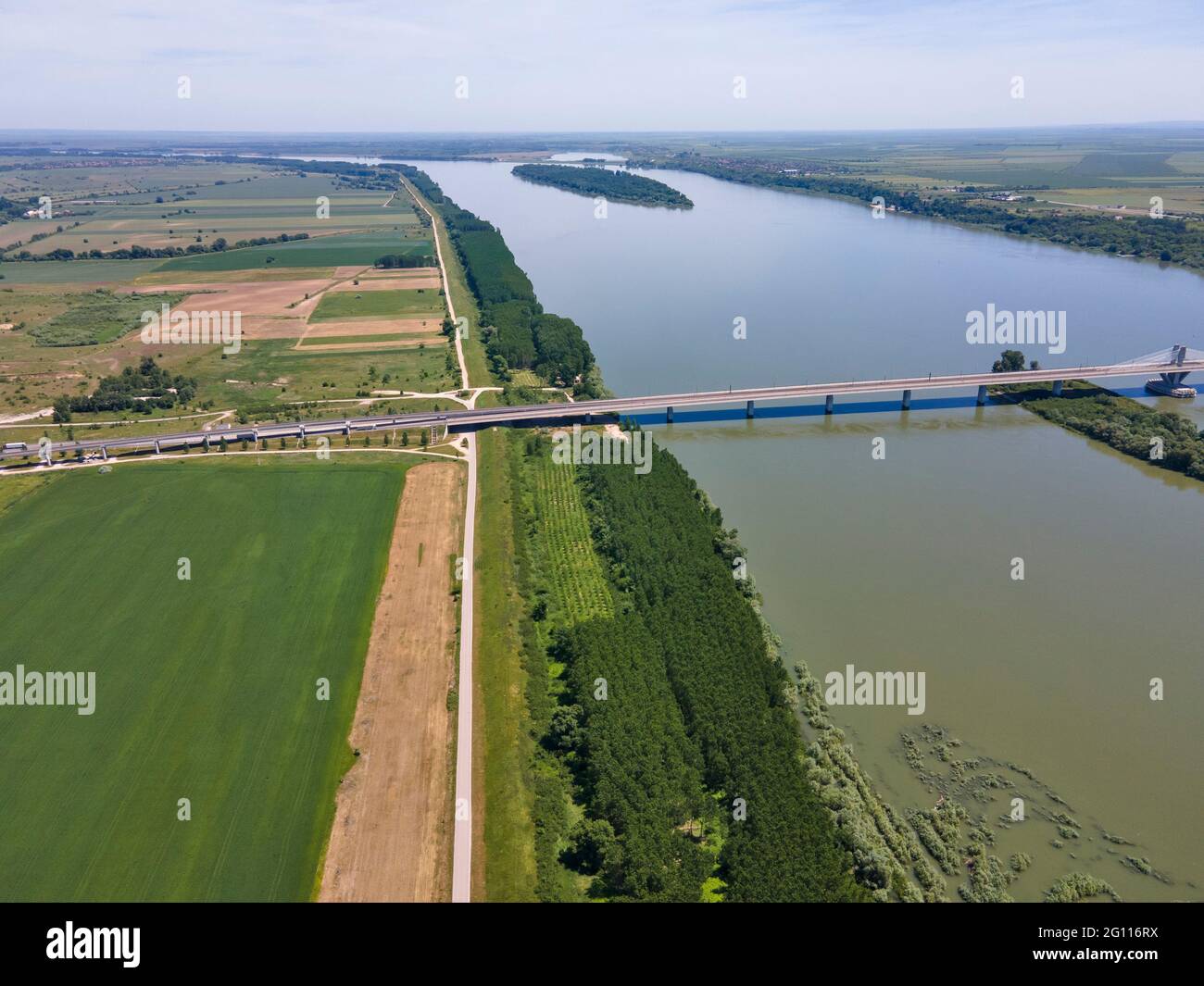 Aerial view of Vidin - Calafat bridge over Danube river between Romania ...