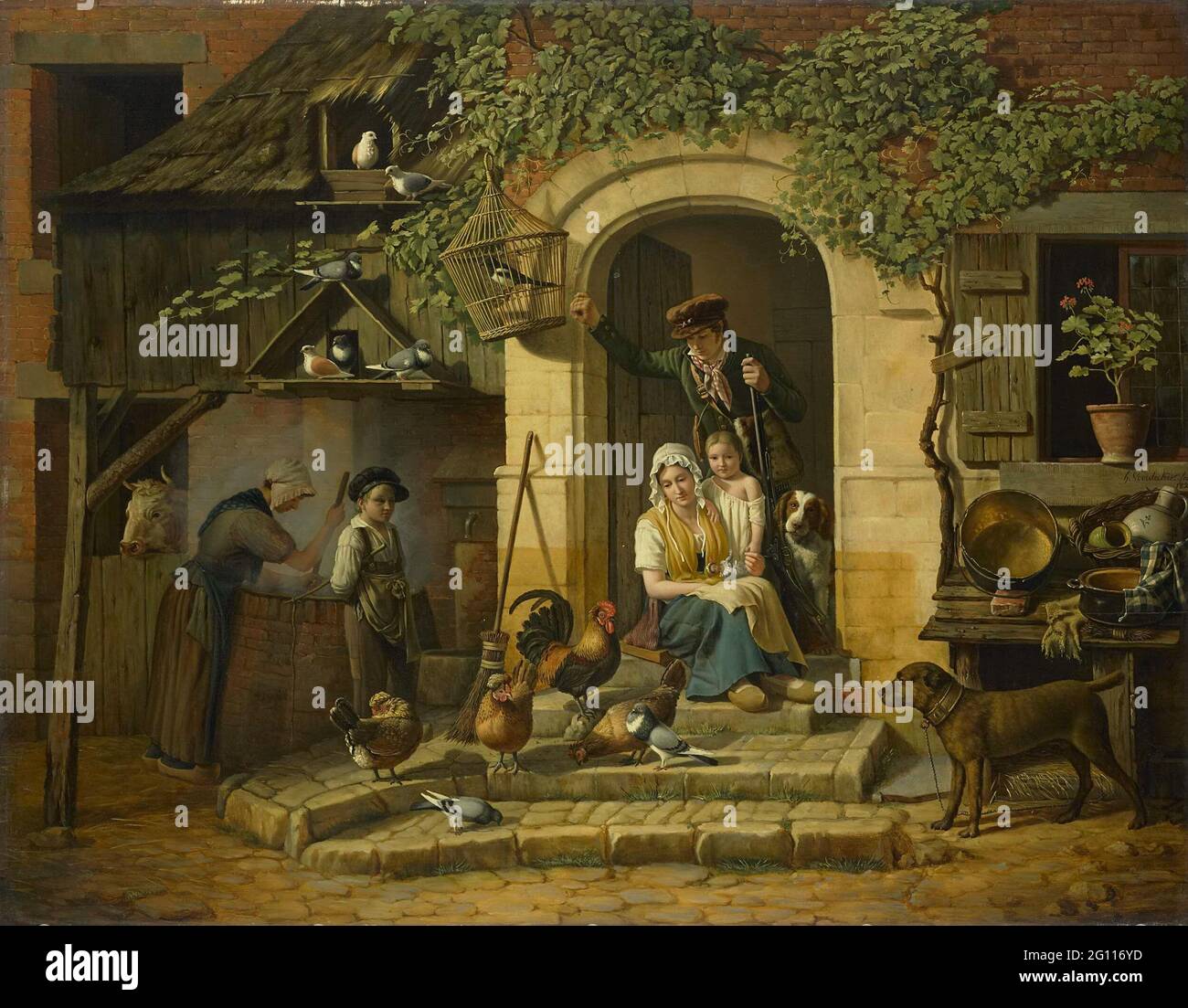 The home of a hunter. Hunter's home. A family in front of the door of ...
