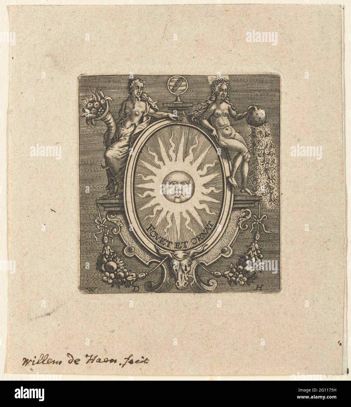 Oval medallion with the sun; Fovet et ornat. The medallion is flanked ...