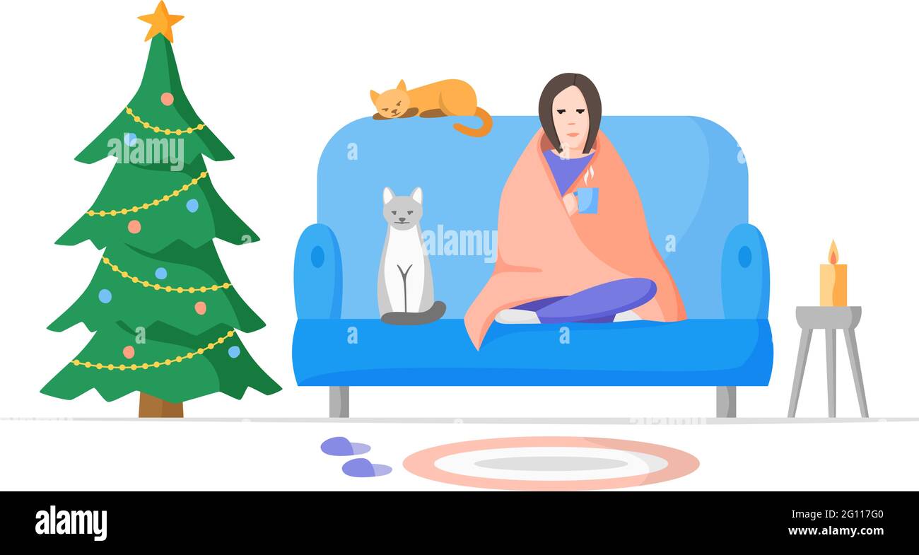 Christmas alone, celebrating at home with cats. Winter holidays on self ...