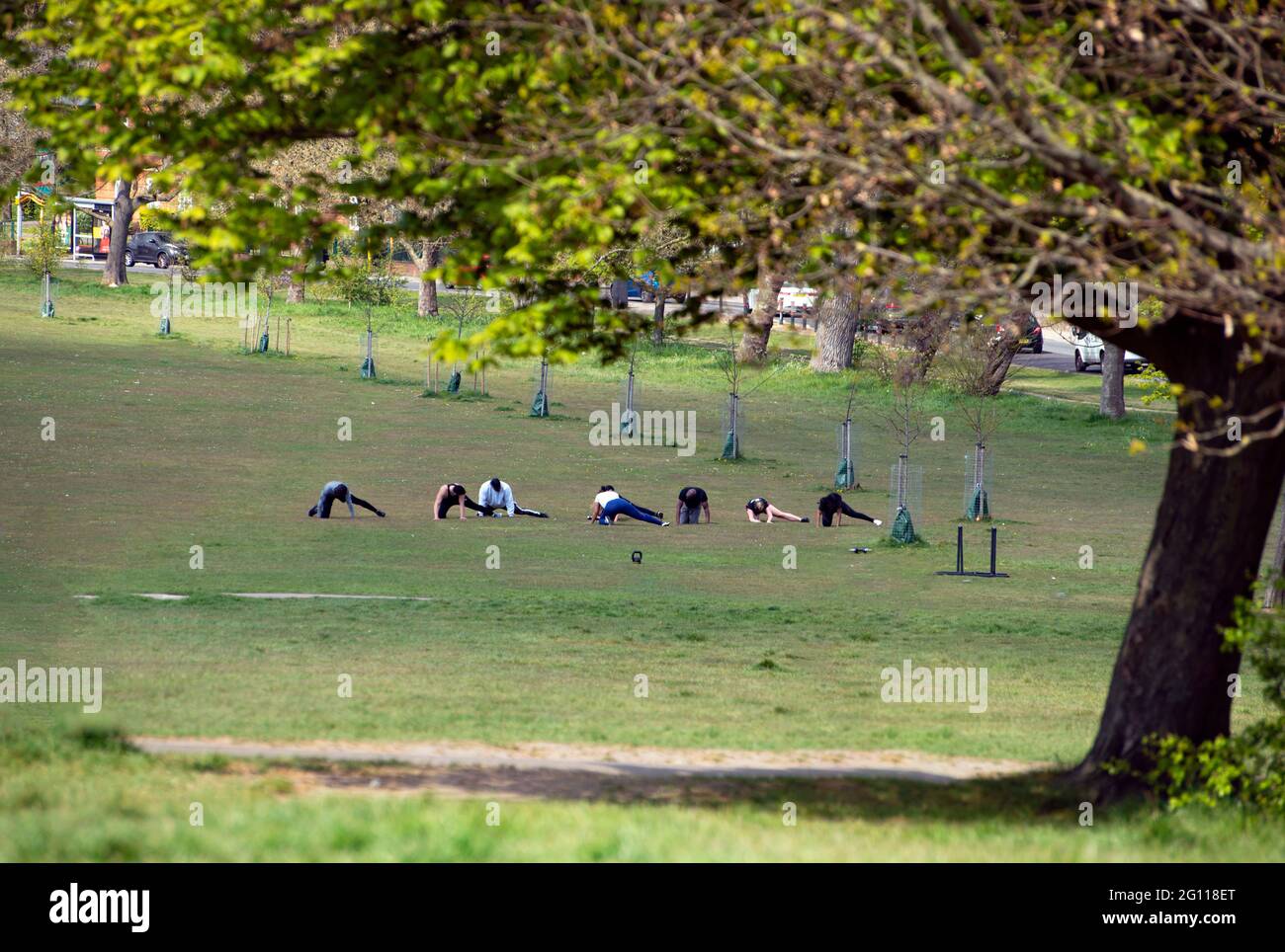 stretching after outdoor group exercise in the park in summer Stock ...