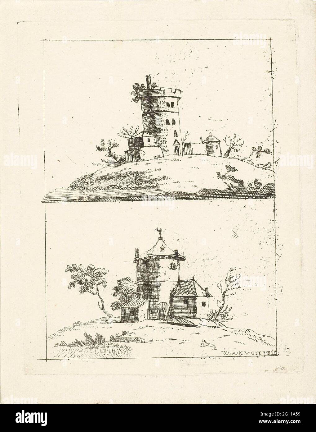 Two round towers. Sheet with two performances. Above a round tower with ...