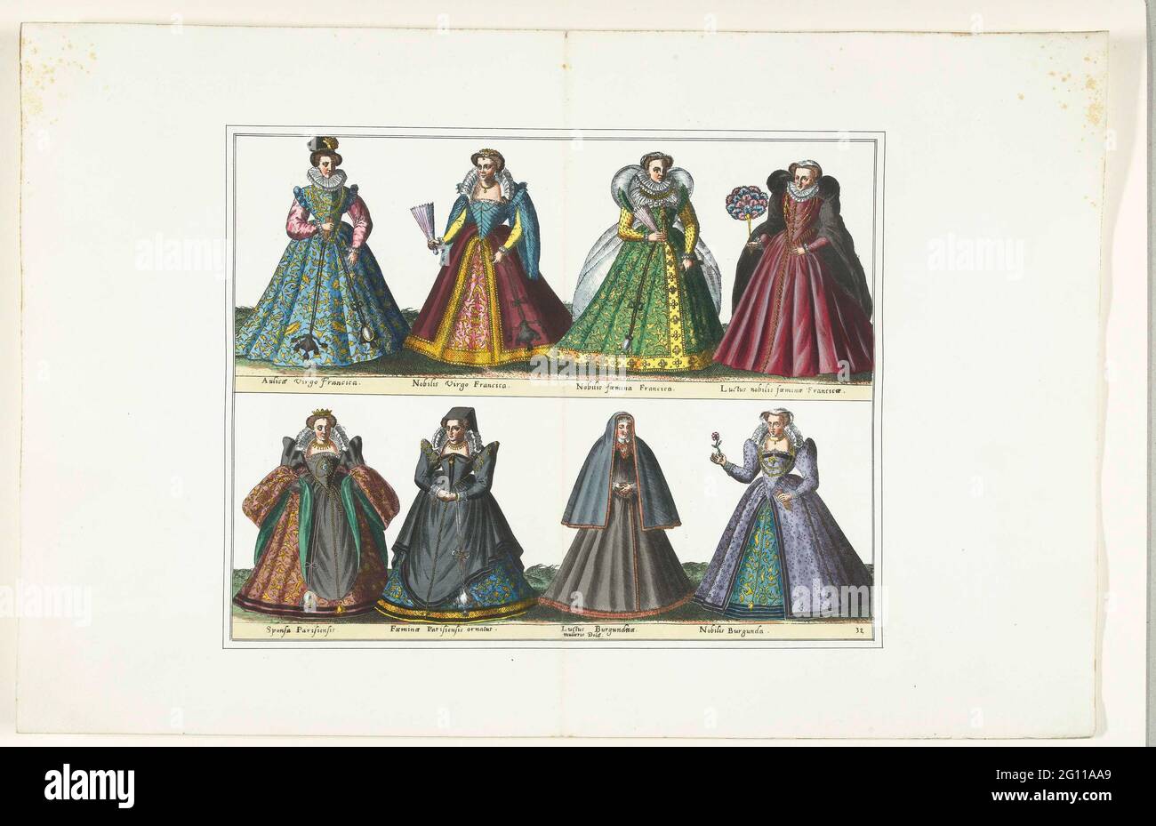 Double plate with eight women dressed according to the French fashion ...