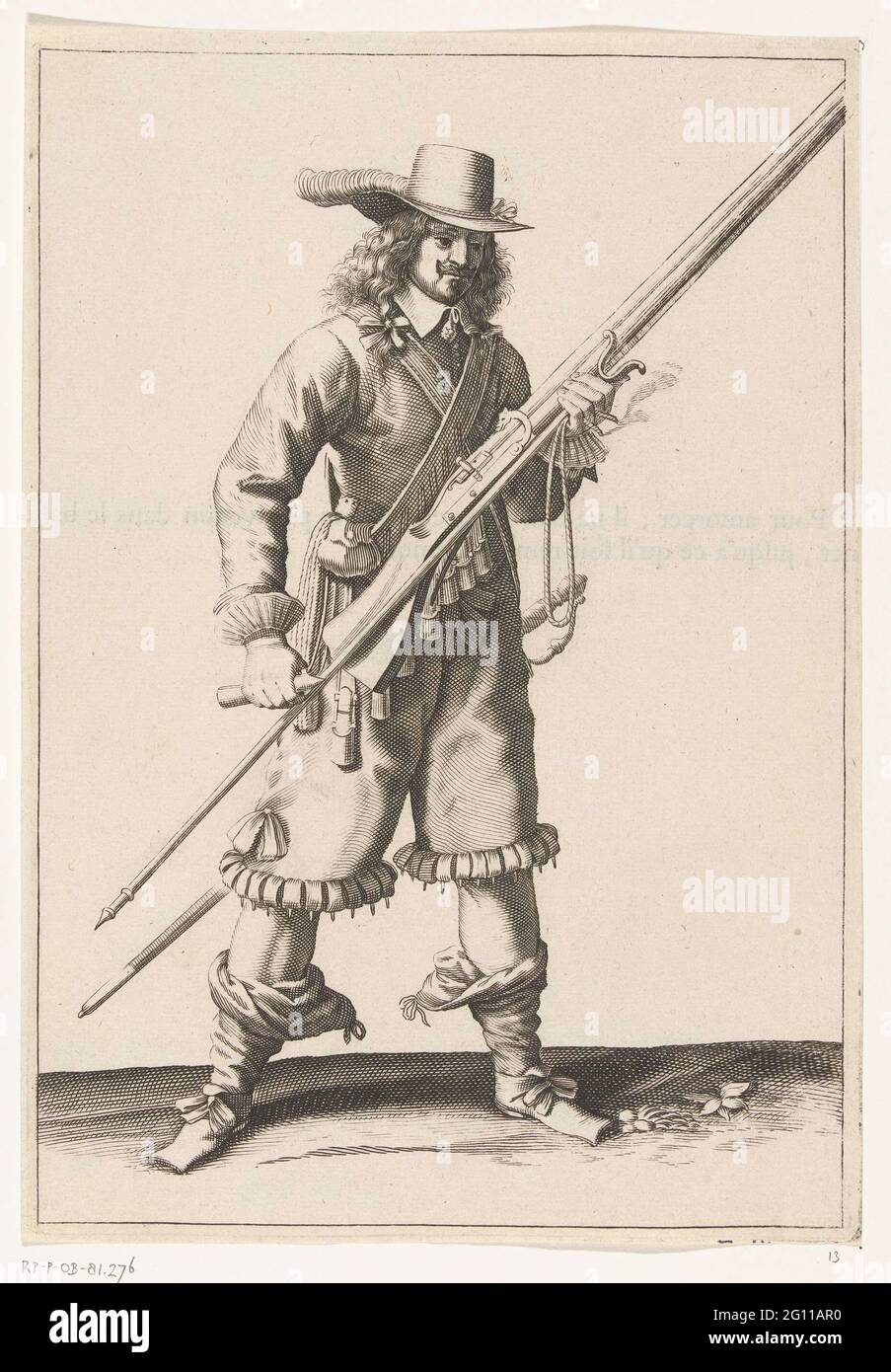 Soldier who blows away from the pan of his musket, approx. 1645. a ...
