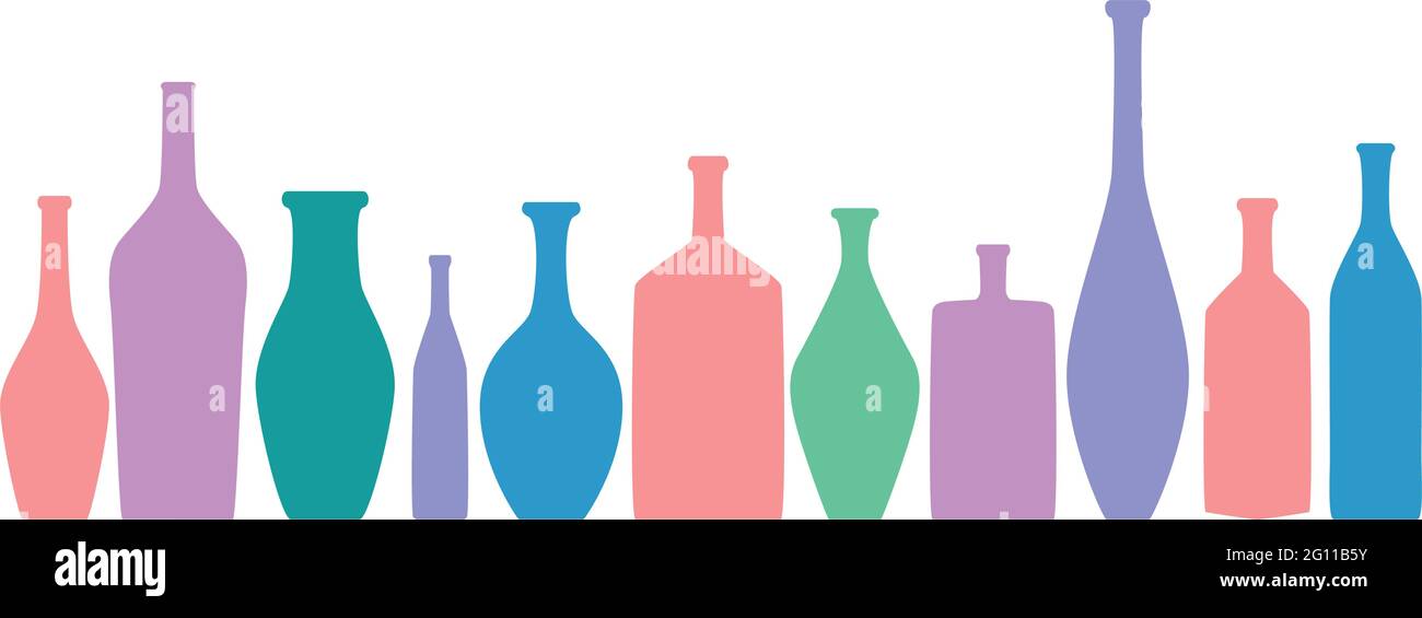 Bright colored bottles in a row, different type of bottles collection ...