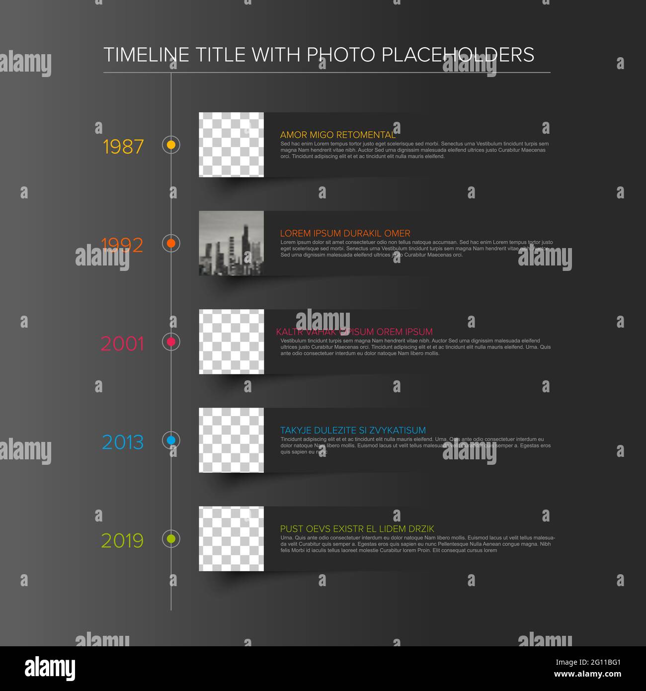 Vector simple dark infographic vertical time line template with square ...